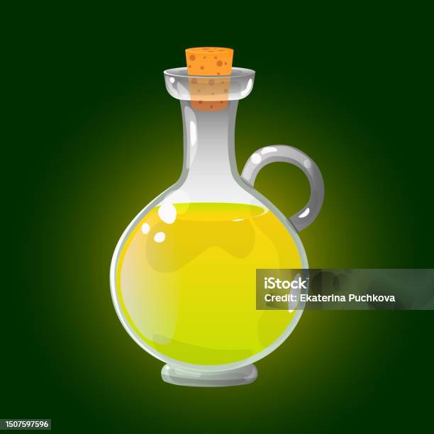 Bouteille Dhuile Dolive De Style Dessin Animé Sur Fond Vert Vecteur