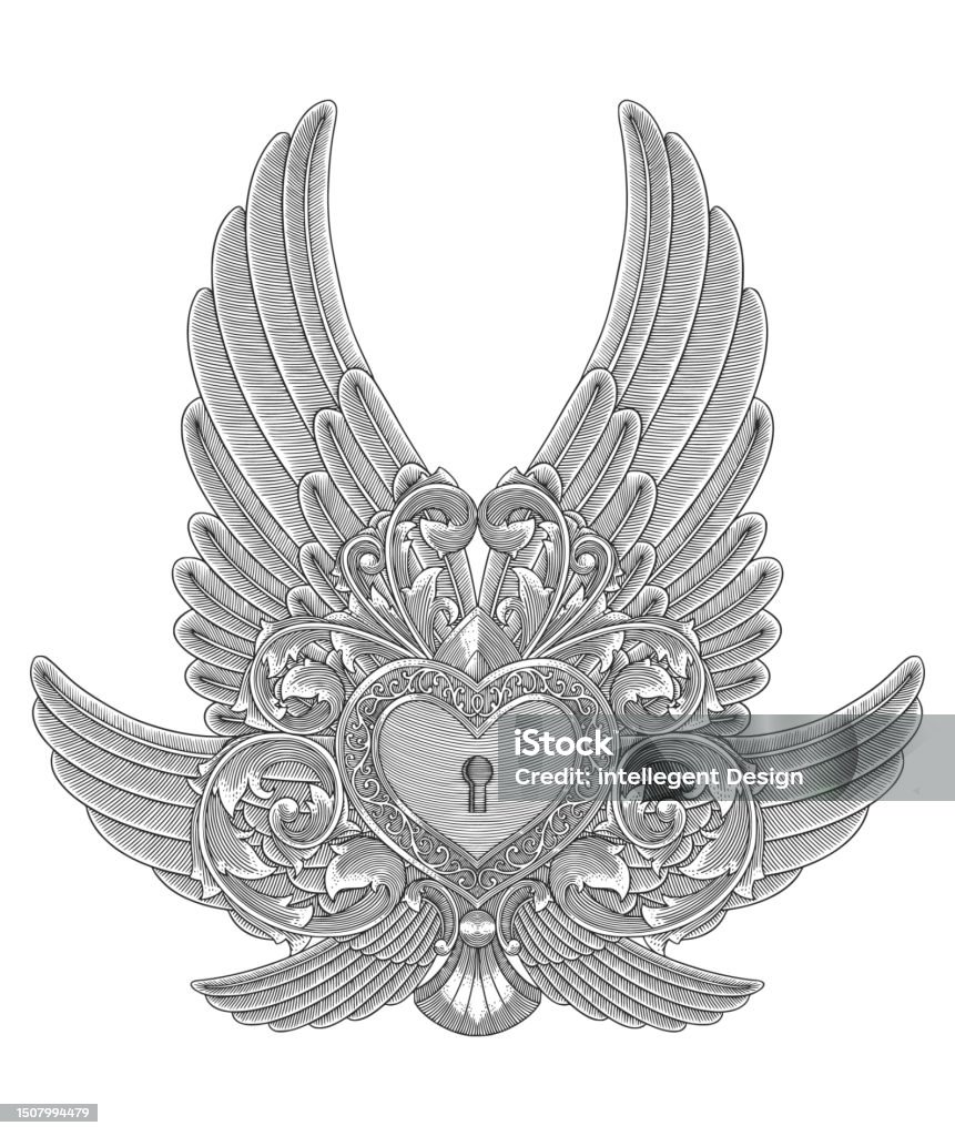 Verrou De Coeur Avec Ailes Et Ornement Floral Style De Dessin De