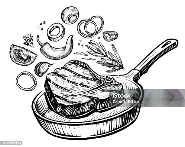 Memasak Steak Daging Sapi Dengan Rempahrempah Dan Sayuran Dalam Wajan