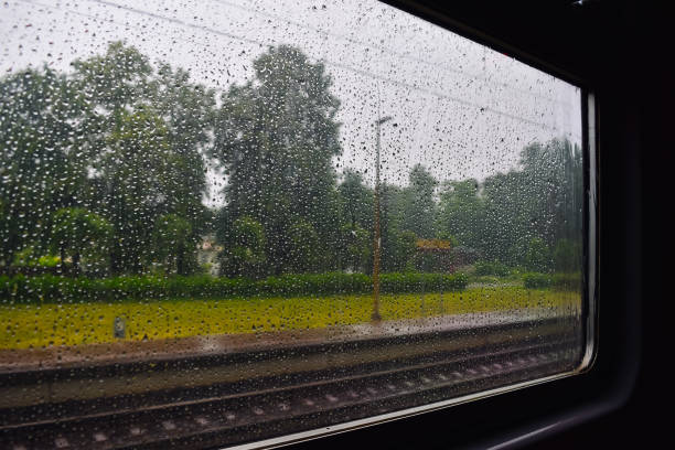 Free Stock Photo of A View of a Train Track Through a Rain Covered ...