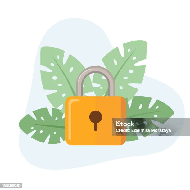 Kunci Tertutup Vektor Datar Ilustrasi Ikon Dihiasi Dengan Daun Untuk