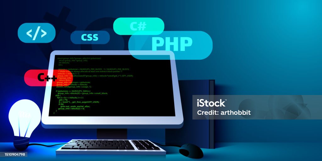 Web Development Coding And Programming Futuristic Banner Computer Code On Computer Stock