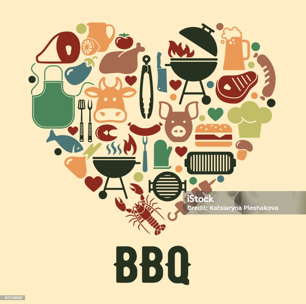 Barbekyu Bbq Dan Ikon Vektor Datar Terkait Panggangan Diatur Dalam