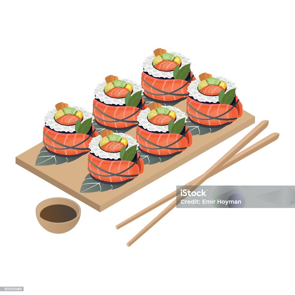Ilustrasi Vektor Sushi Makanan Asia Di Papan Kayu Dengan Sushi Desain