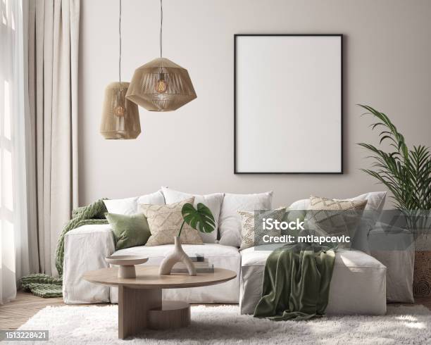 Bingkai Poster Mockup Di Dinding Ruang Tamu Latar Belakang Apartemen