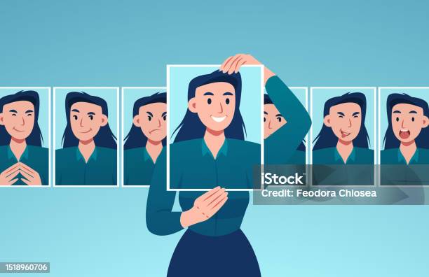 Vektor Seorang Wanita Muda Bertopeng Mengekspresikan Emosi Yang Berbeda