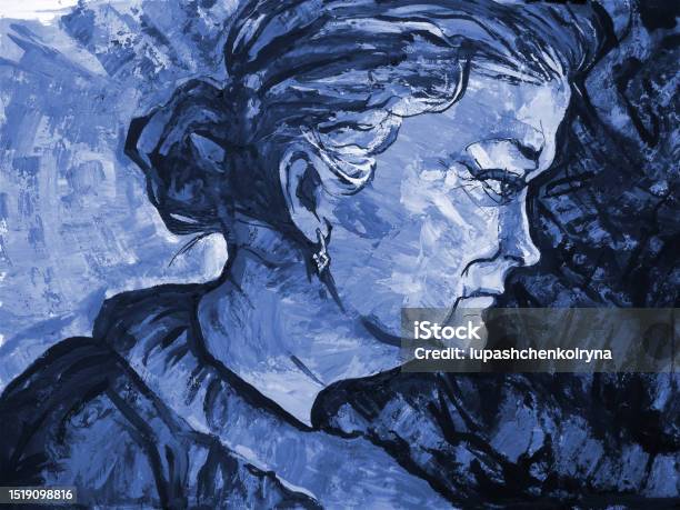 Ilustrasi Lukisan Cat Minyak Profil Potret Wanita Dengan Rambut Panjang