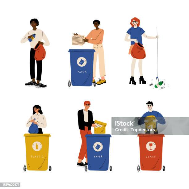 Orangorang Membuang Kantong Sampah Ke Tempat Sampah Karakter Pria Dan