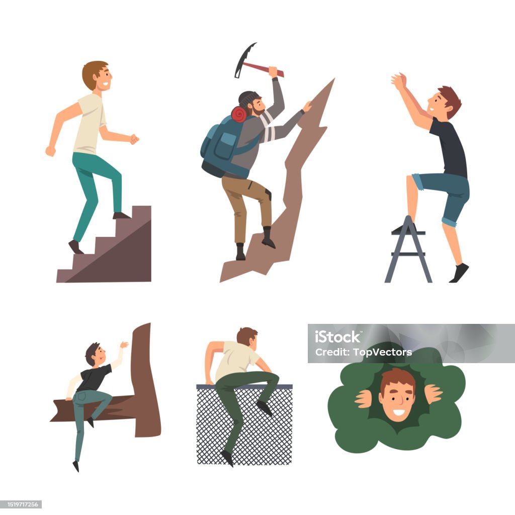 Stock Ilustrace Mladí Muži Lezení Po Schodech Horách A Přes Plot Kreslený Vektor Ilustrace