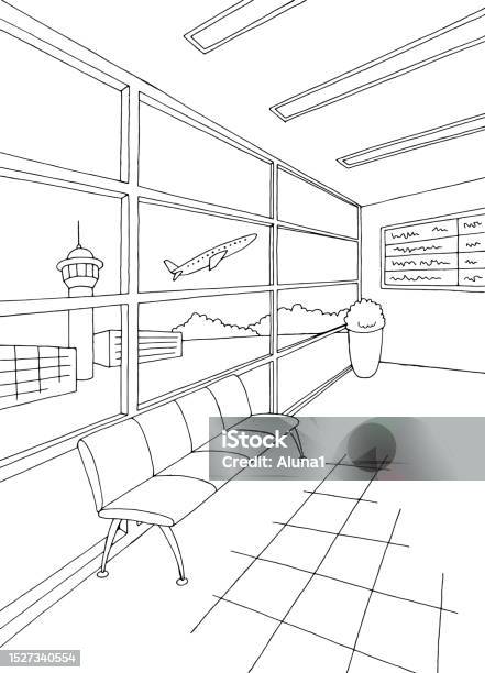 Grafis Interior Bandara Hitam Putih Sketsa Vektor Ilustrasi Vertikal