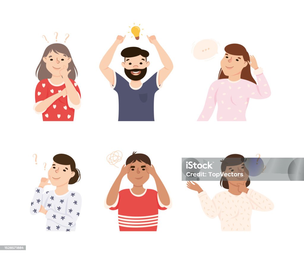 Thoughtful Male And Female Thinking And Figuring Something Out Half Length Vector Illustration