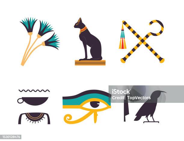 Symbole Égyptien Ancien Avec Chat Noir Œil Dhorus Fleur Et Fouet Croisé