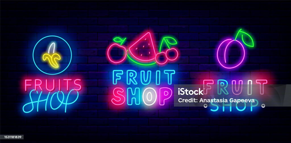 Koleksi Tanda Neon Toko Buah Pisang Semangka Dan Prem Apel Dan Ceri