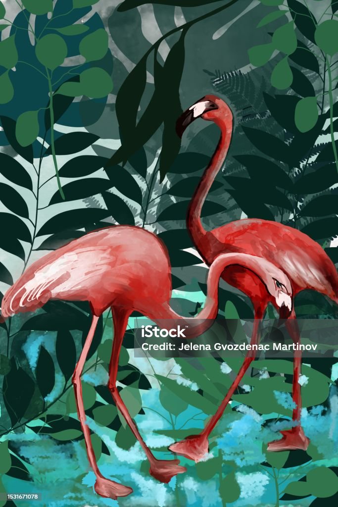 Illustration De Flamants Roses Dans Lambiance De Grandes Feuilles De La