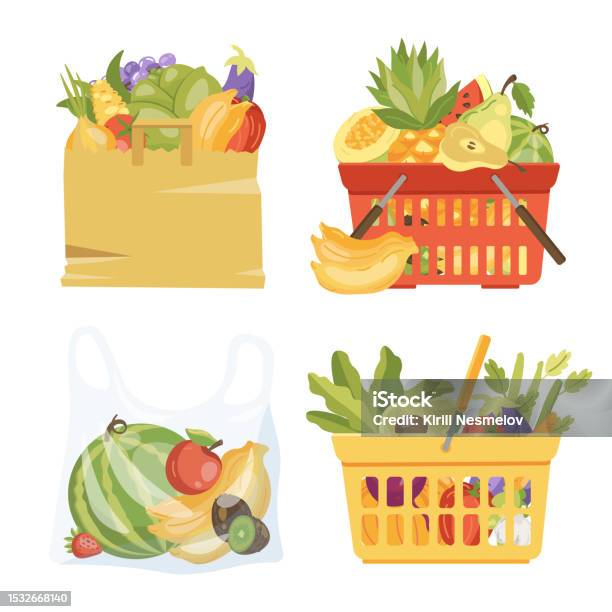 Ilustrasi Vektor Berbagai Keranjang Belanjaan Makanan Sehat Sayuran Dan