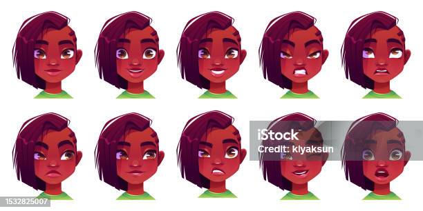 Set Avatar Ekspresi Wajah Gadis Afrika Hitam Ilustrasi Stok Unduh