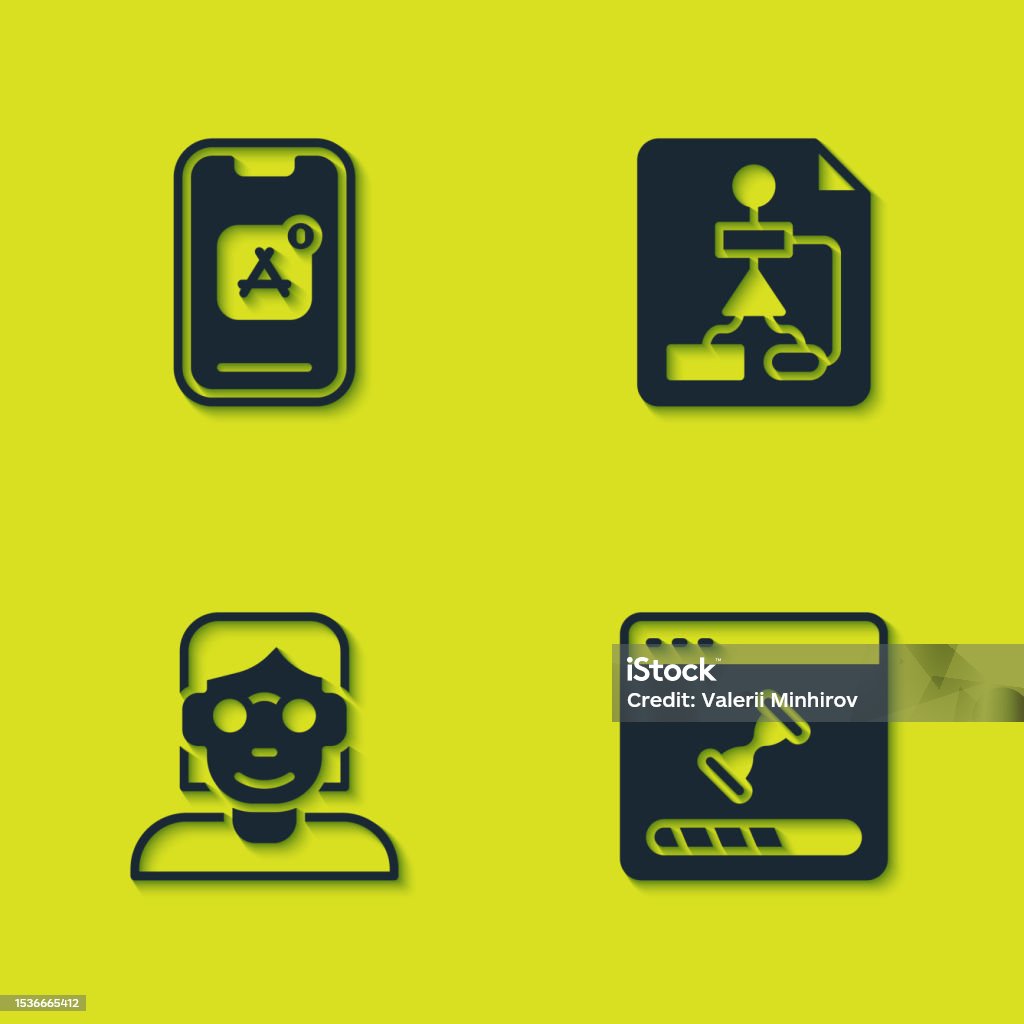 Set Mobile Apps Loading Data Window Hacker Or Coder And Flowchart Icon
