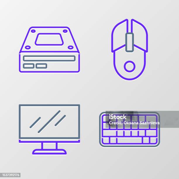 Set Garis Keyboard Layar Monitor Komputer Mouse Dan Ikon Drive Disk