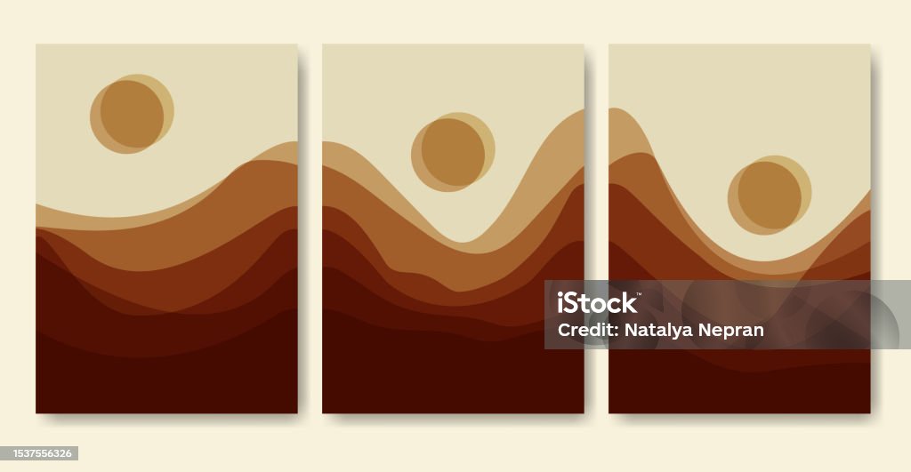 Set Poster Lanskap Gunung Minimalis Abstrak Ilustrasi Stok Unduh
