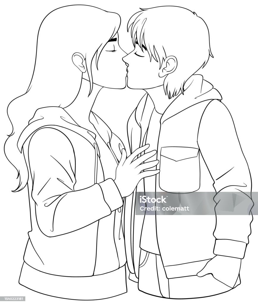 Youth Couple Kissing Cartoon Doodle Outline Stock Illustration