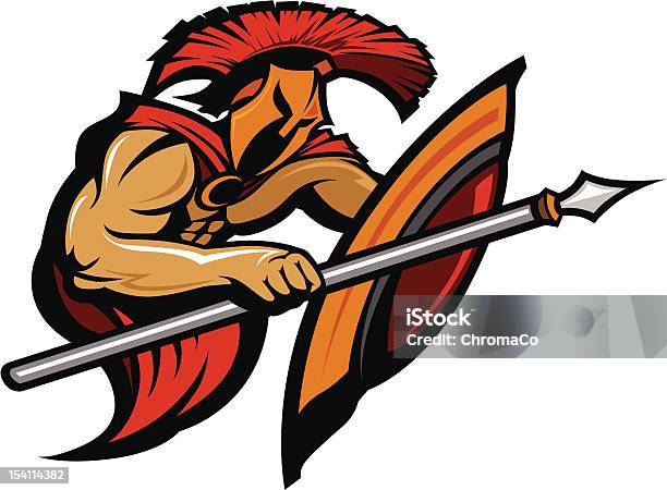 Spartan Trojan Mascot With Spear And Shield Vector Illustration向量圖形及更多