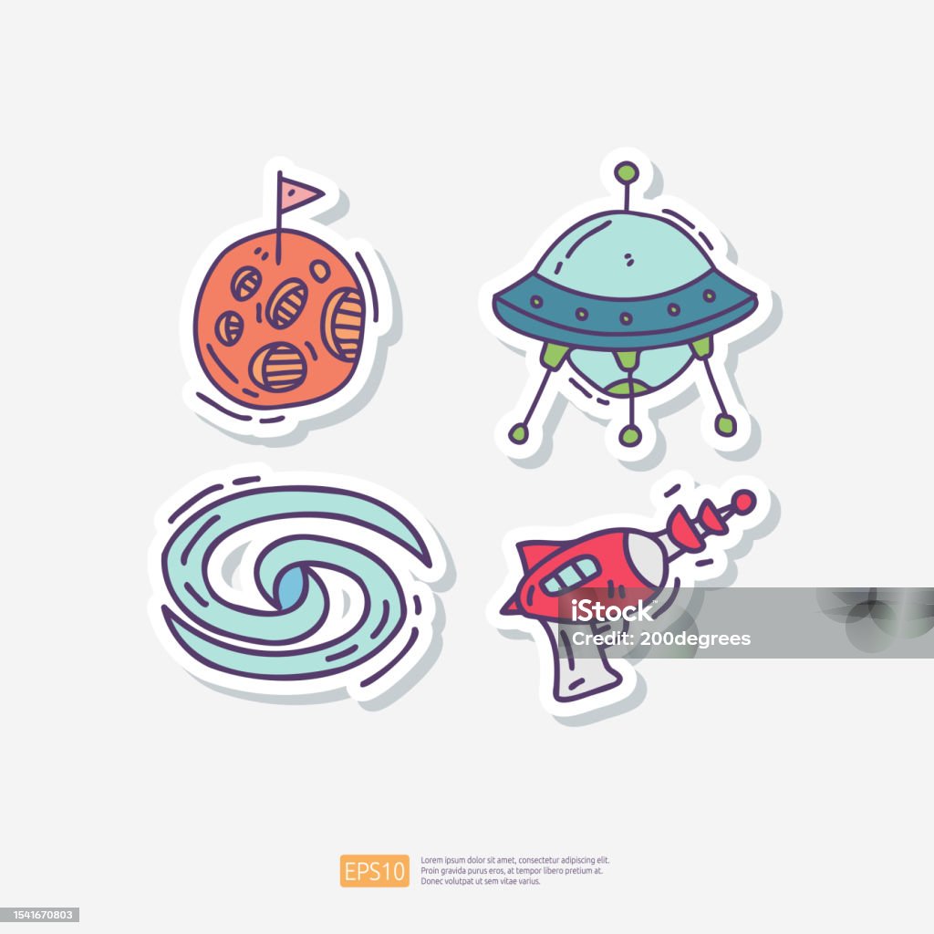 Meteor Asteroid Kapal Luar Angkasa Ufo Ruang Kosmik Set Ikon Stiker