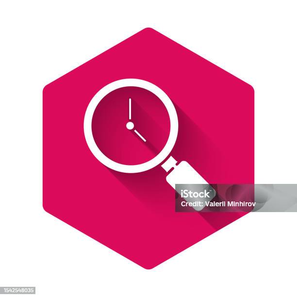 Loupe Blanche Avec Icône Dhorloge Isolée Avec Une Longue Ombre Bouton