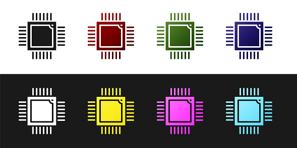Set Computer Processor With Microcircuits Cpu Icon Isolated On Black