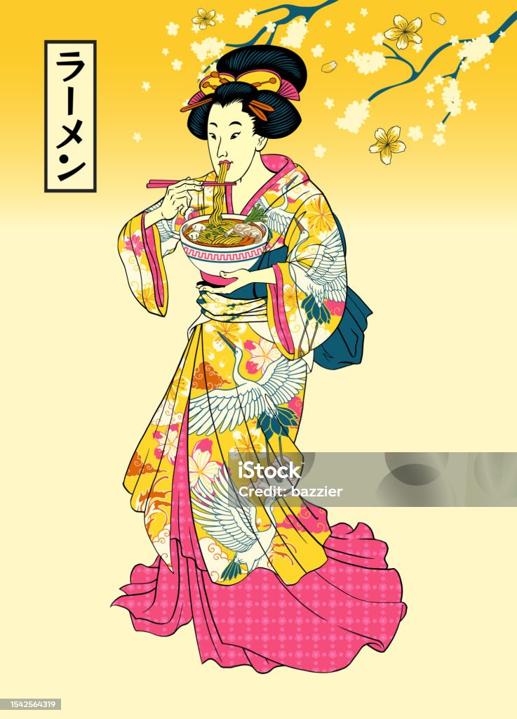 Beautiful Japanese Geisha Eating Ramen In Traditional Kimono Japanese