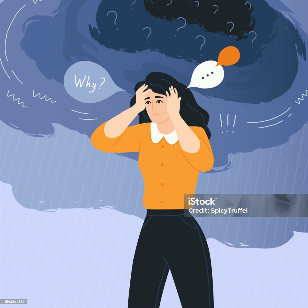 Anxiety And Stress Panic Think Disorder Woman With Worries Cloud