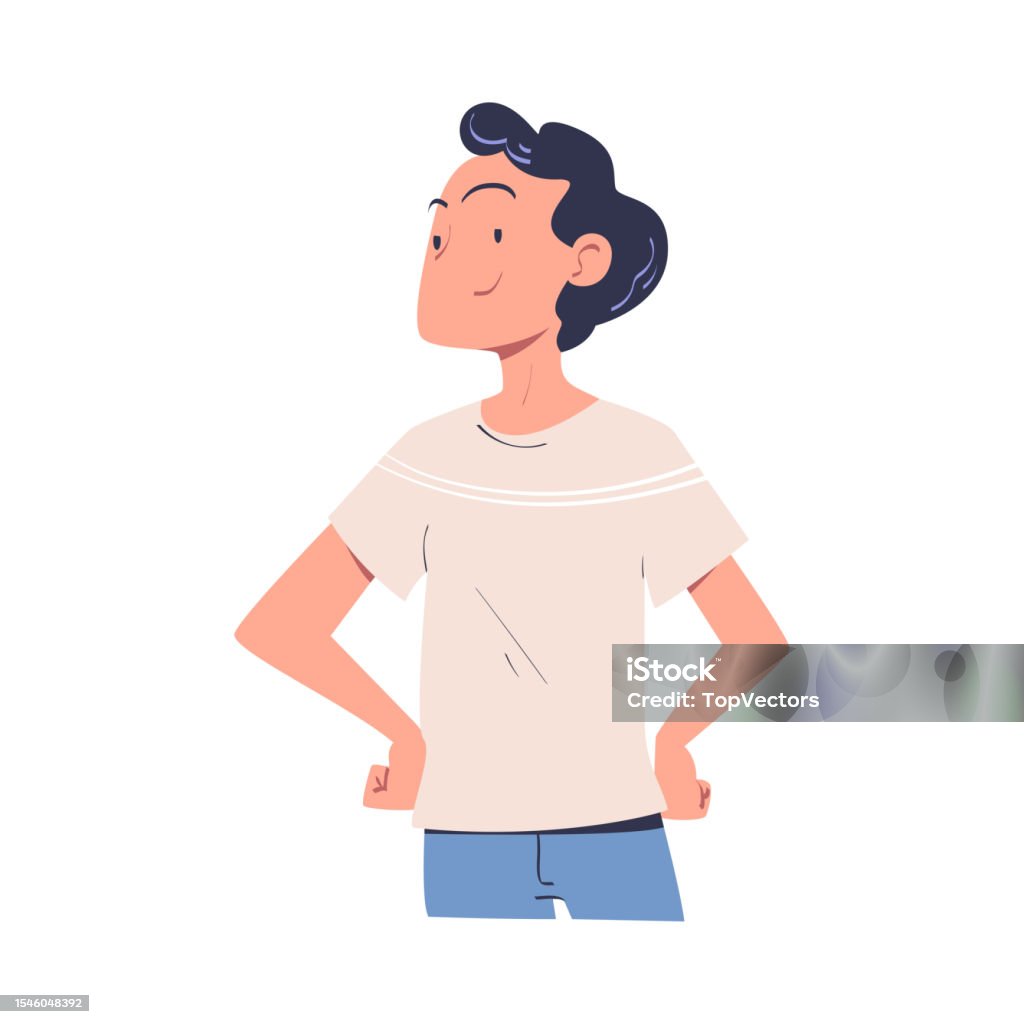 Confident Man Character With Satisfied Face And Hands On Hips