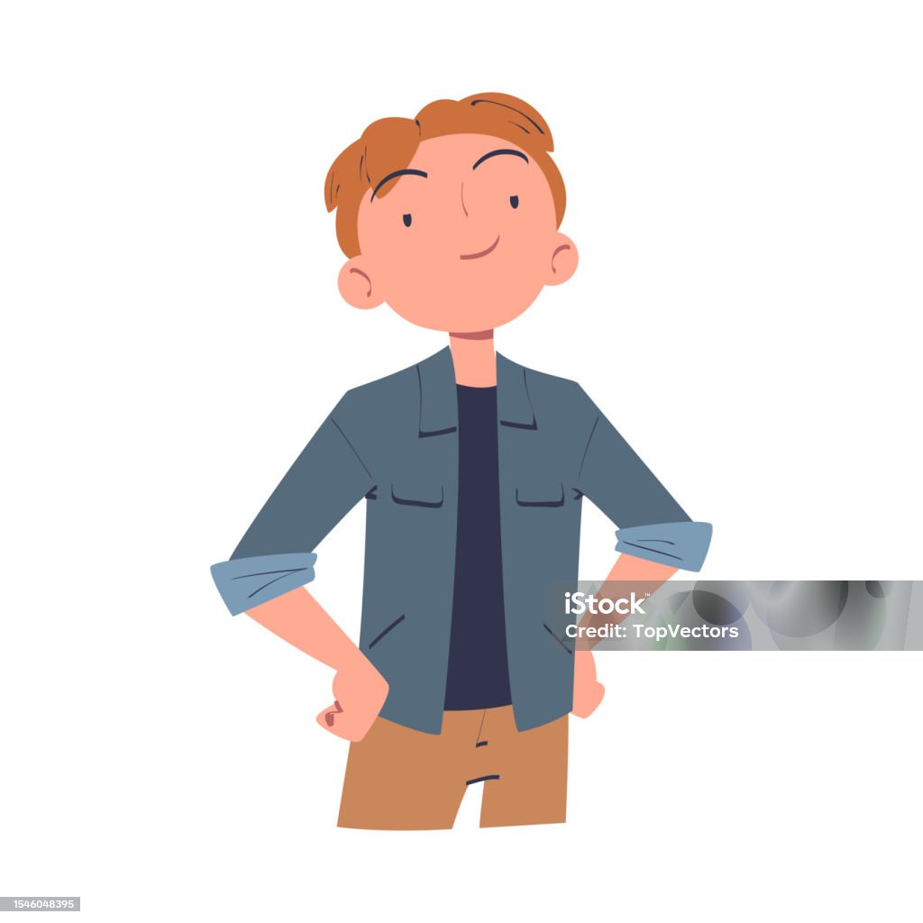 Confident Man Character With Satisfied Face And Hands On Hips