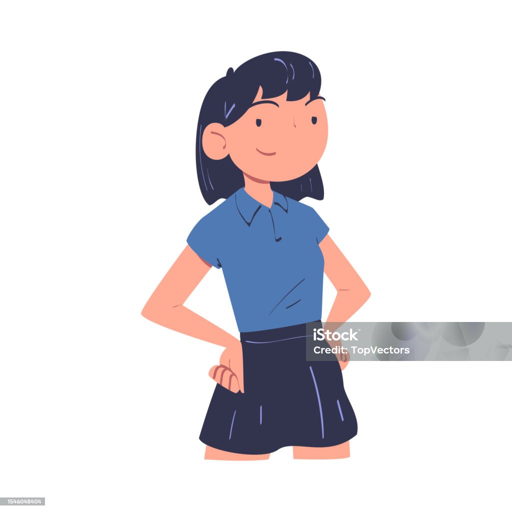 Confident Woman Character With Satisfied Face And Hands On Hips