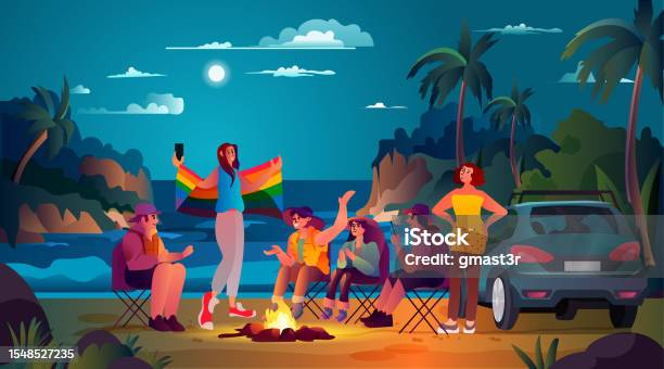Orangorang Dengan Bendera Pelangi Lgbt Di Pantai T Pesta Malam Di