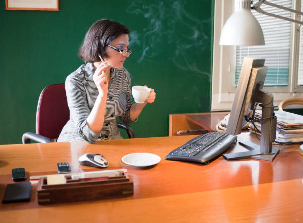 Free Stock Photo of Woman Smoking Cigarette at Desk | Download Free ...
