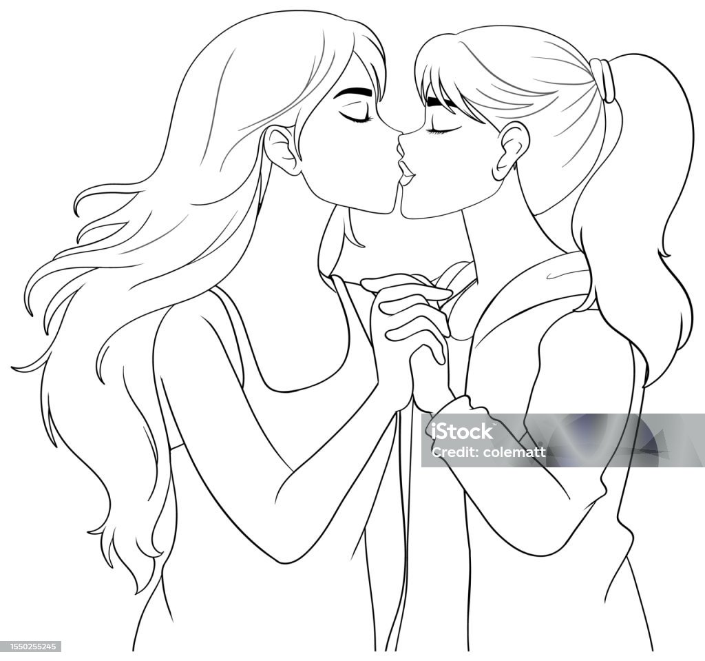 Ilustración De Pareja De Lesbianas Besándose En Dibujos Animados