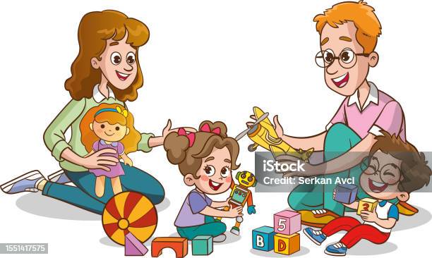 Ilustración De Padres Jugando Con Niños En Casa Juguetes Educativos Niños Jugando Cubos De