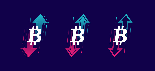 Panah Tren Naik Dan Turun Dengan Tanda Bitcoin Terisolasi Pada Latar ... Panah Tren Naik Dan Turun Dengan Tanda Bitcoin Terisolasi Pada Latar ...