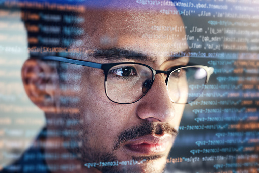 Man Face And Programming At Night With Overlay Or Dashboard Of Code Malware Or Software At The