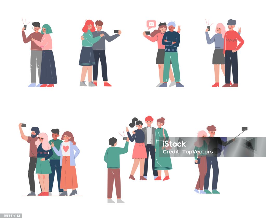 People Characters Taking Photos Selfie With Smartphone Vector Set Stock