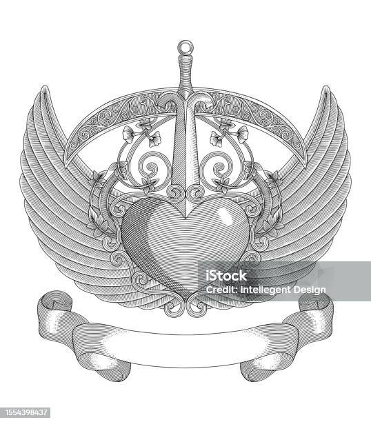Coeur Avec Épée Ailes Dange Et Ornement Floral Style De Dessin De