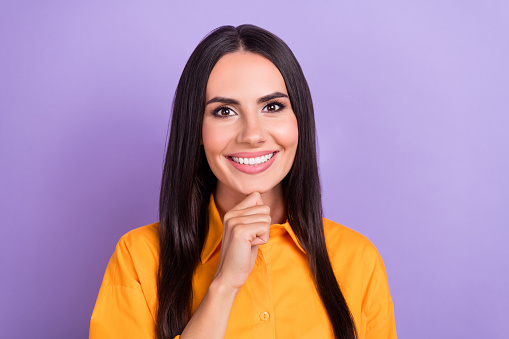 Portrait Of Satisfied Toothy Beaming Woman Straight Hairdo Oversize