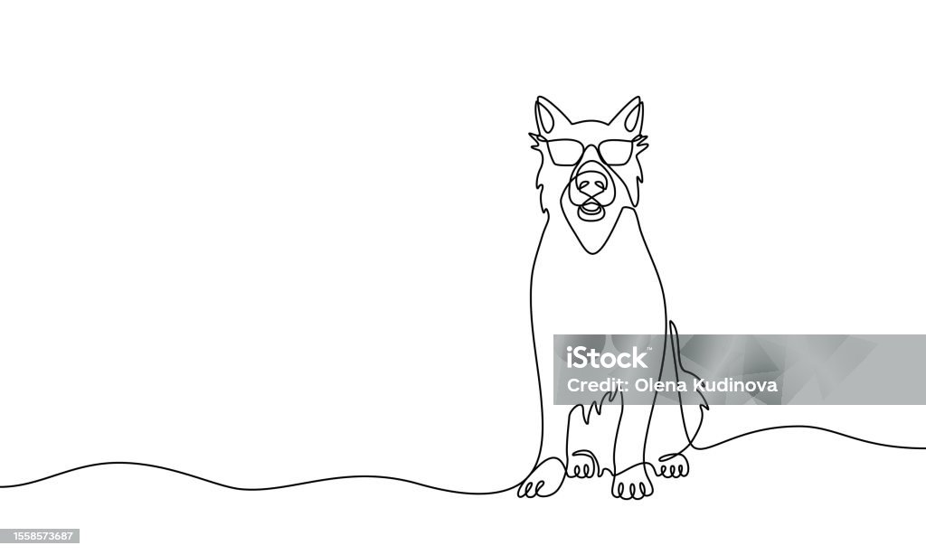 Dessin Au Trait Continu Dun Chien Assis Avec Des Lunettes Illustration