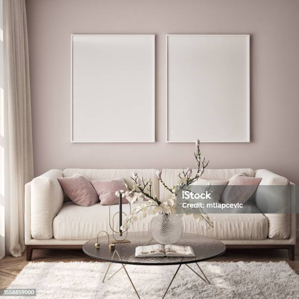 Bingkai Poster Mockup Di Dinding Ruang Tamu Latar Belakang Apartemen