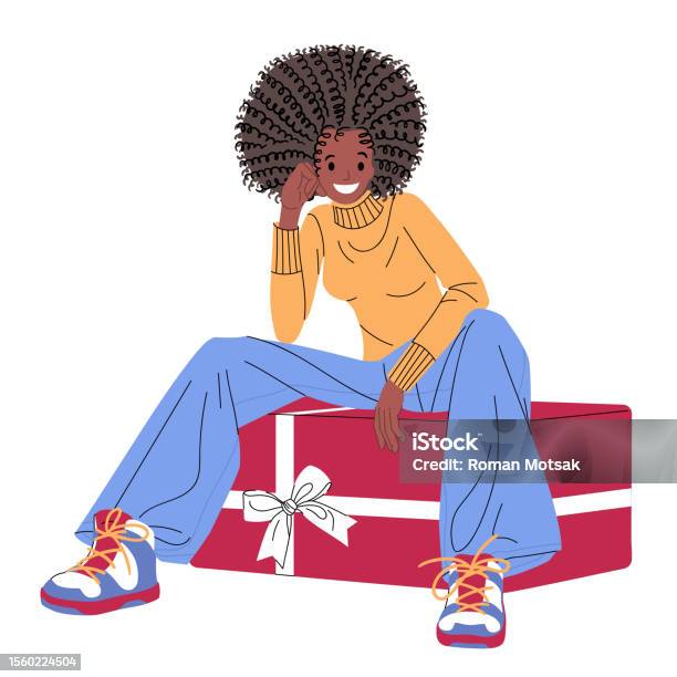 Gadis Afrikaamerika Duduk Di Kotak Hadiah Besar Ilustrasi Vektor Datar ... Gadis Afrikaamerika Duduk Di Kotak Hadiah Besar Ilustrasi Vektor Datar ...