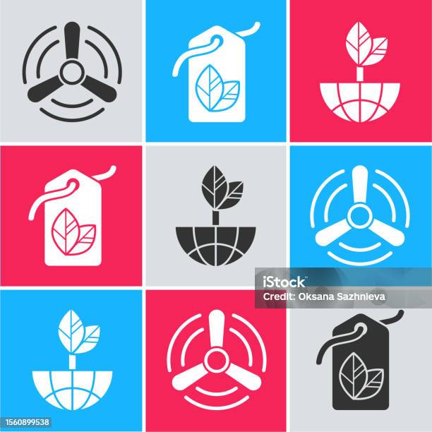 Ensemble Éolienne Tag Avec Symbole De Feuille Et Globe Terrestre Et