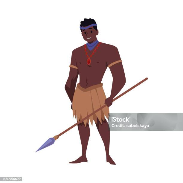 Strong Darkskinned Tribal Man With Spear In Hand African Aborigines In