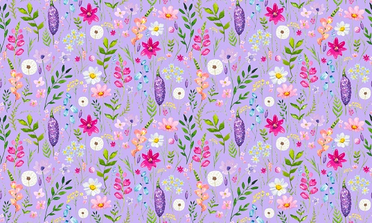 Floral Seamless Pattern With Small Meadow Flowers Watercolor Stock