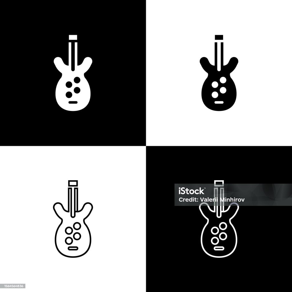 Atur Ikon Gitar Bass Listrik Yang Terisolasi Pada Latar Belakang Hitam Dan Putih Vektor