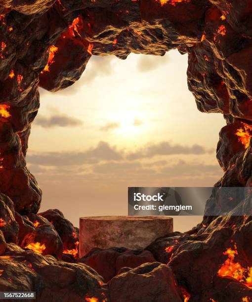 Abstact 3d Render Platform Backgrond Podium Batu Di Lava Dan Magma Dan